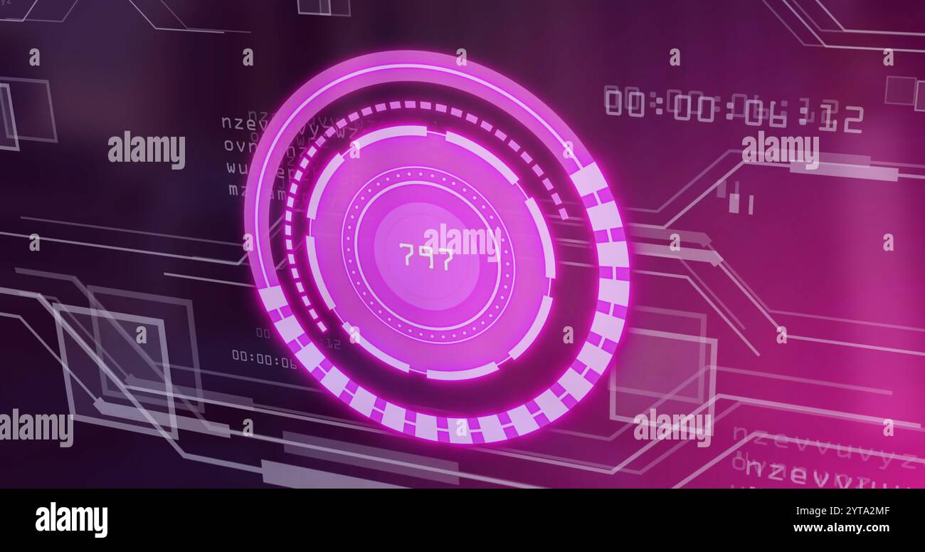 Animating futuristic digital interface with circular progress indicator and data processing ...