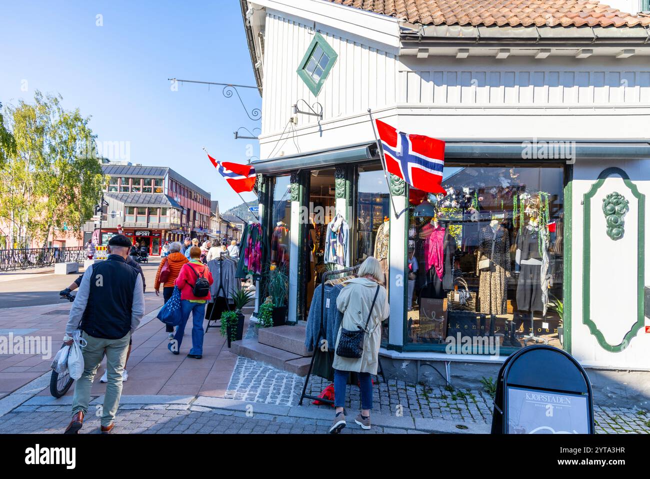 Lillehammer Norway, shoppers in the town centre on storgata pass shops ...