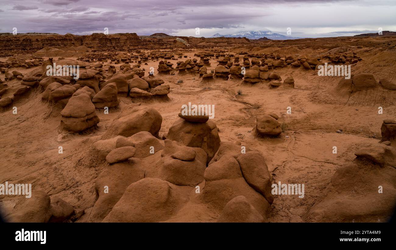 MARCH 2023, GOBLIN STATE PARK, UTAH - elevated view of odd mushroom red ...
