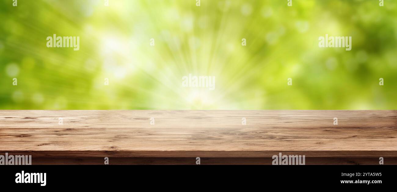 Sunny spring background with out of focus trees and an empty rustic ...