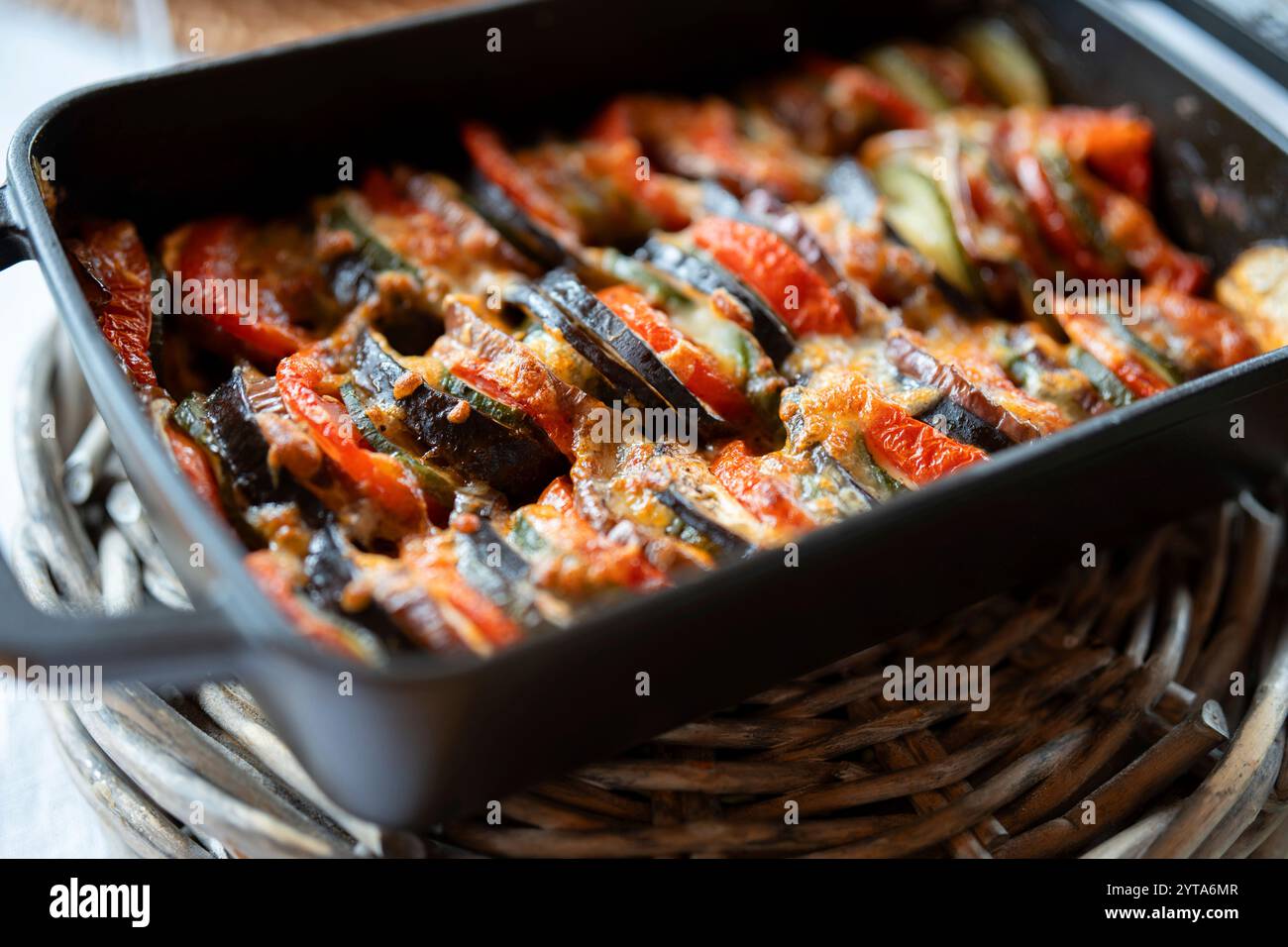 Vegetable ratatouille in a rectangular casserole of cast iron ...