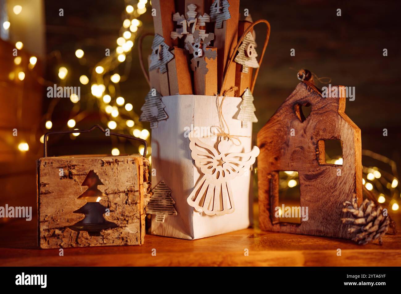 Christmas decoration with handmade advent calendar. Small cardboard ...