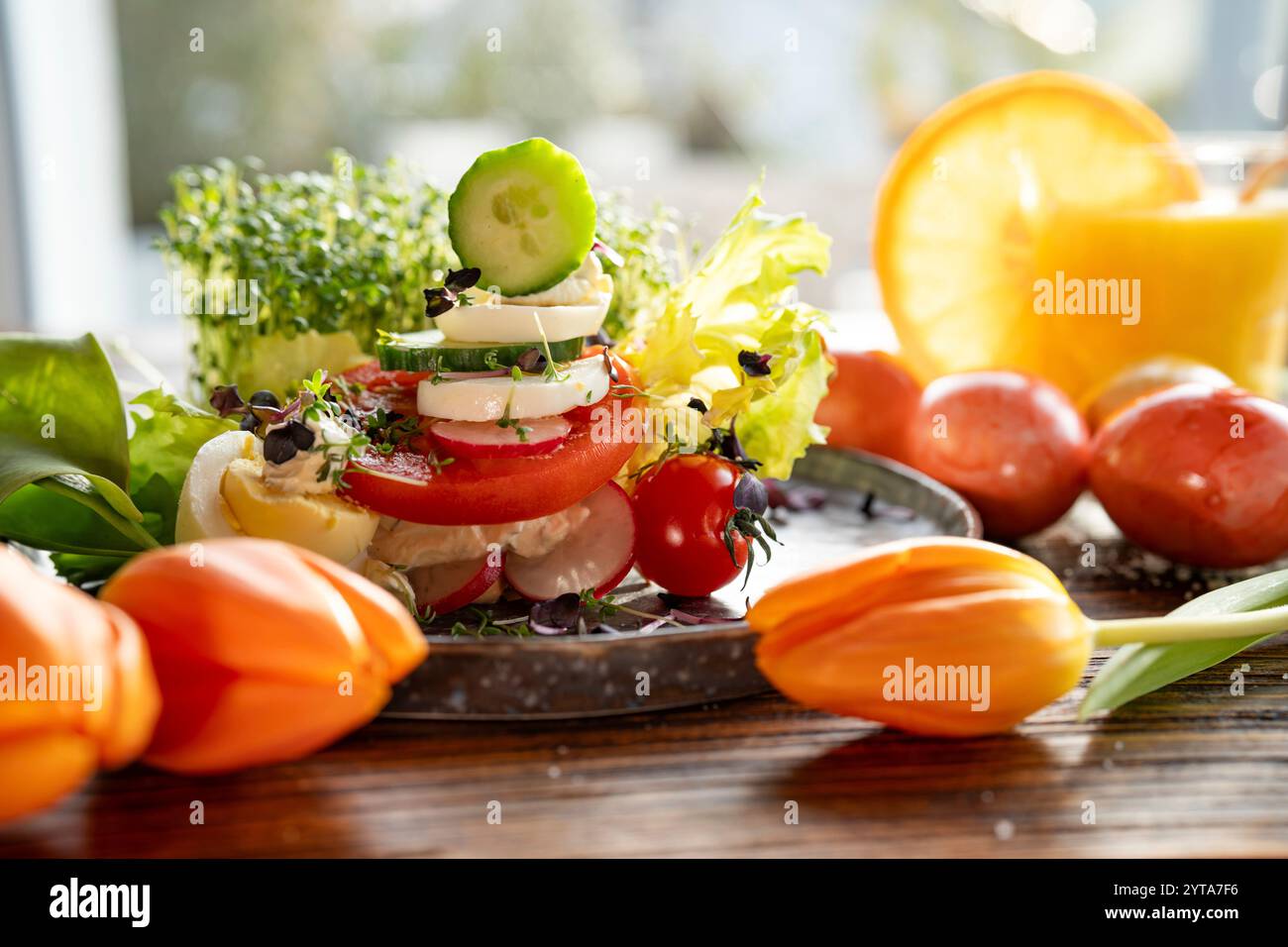 Healthy snack with natural ingredients and freshly squeezed orange ...