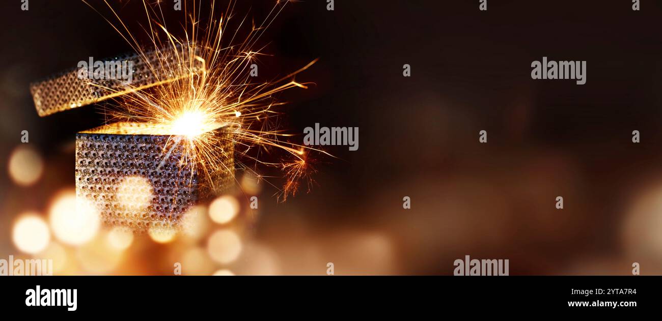 Glowing surprise package in front of a horizontal background for ...