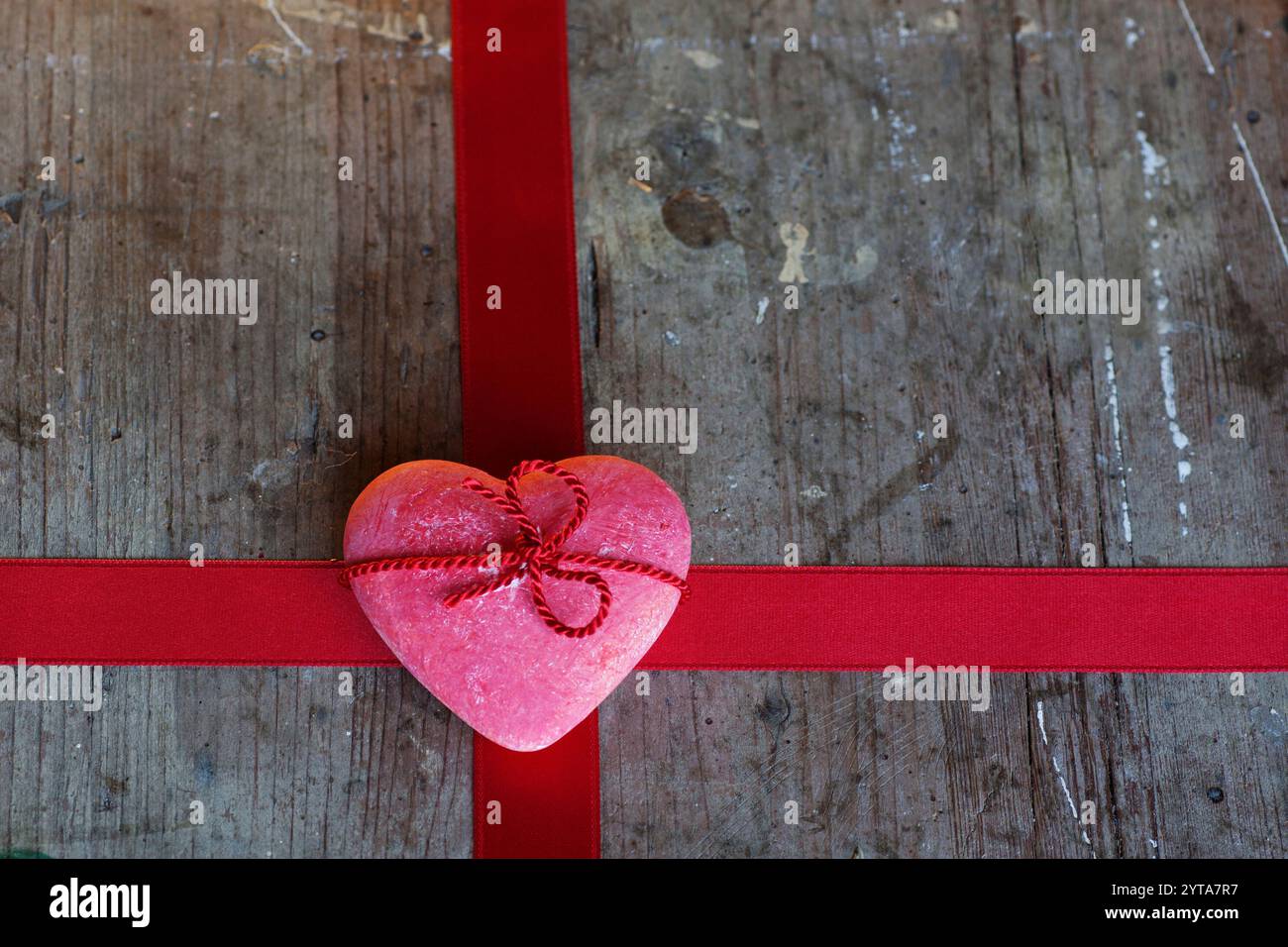 Romantic rustic background with red ribbon and heart for Valentines Day ...