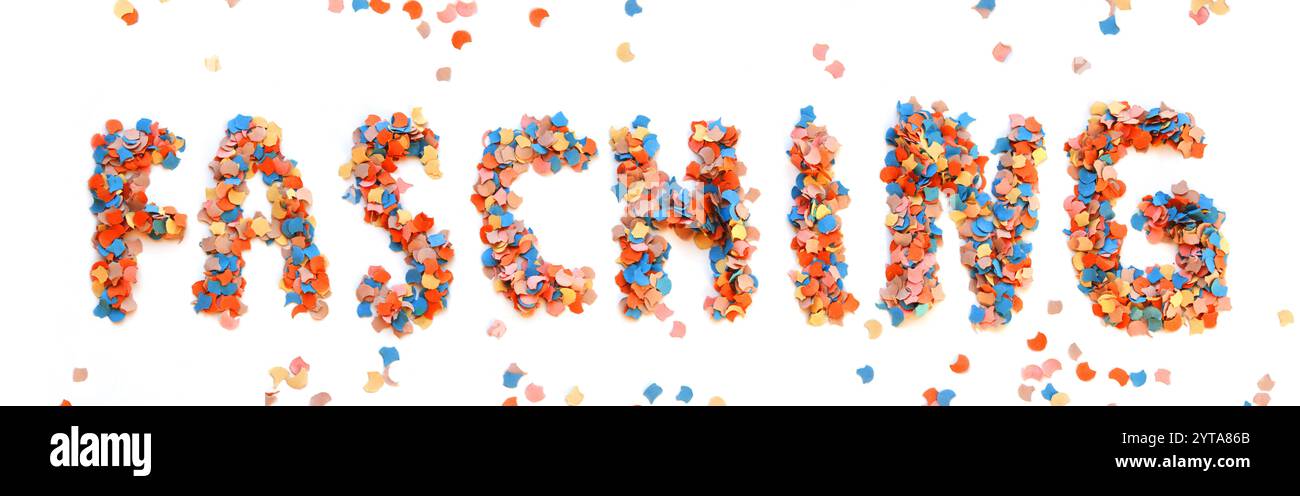 Carnival background with colorful confetti letters on white background ...