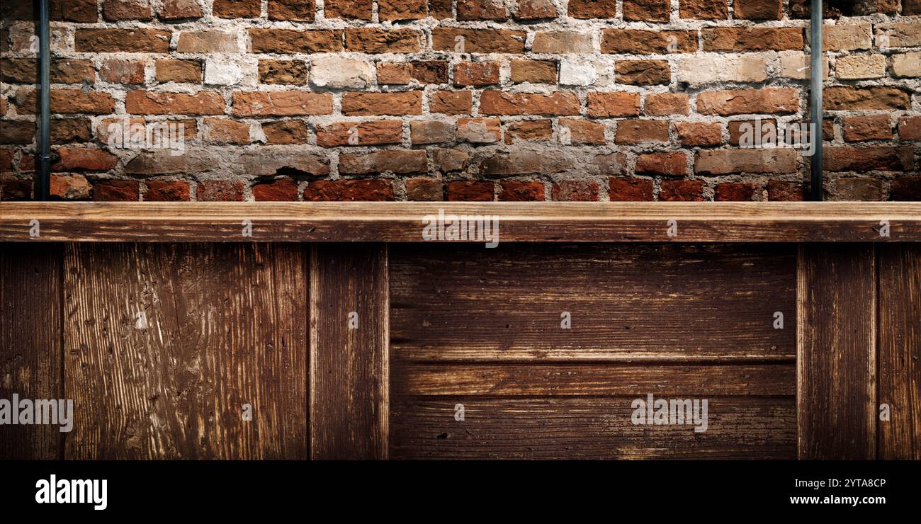Old brick wall behind rustic wooden counter. Horizontal vintage ...