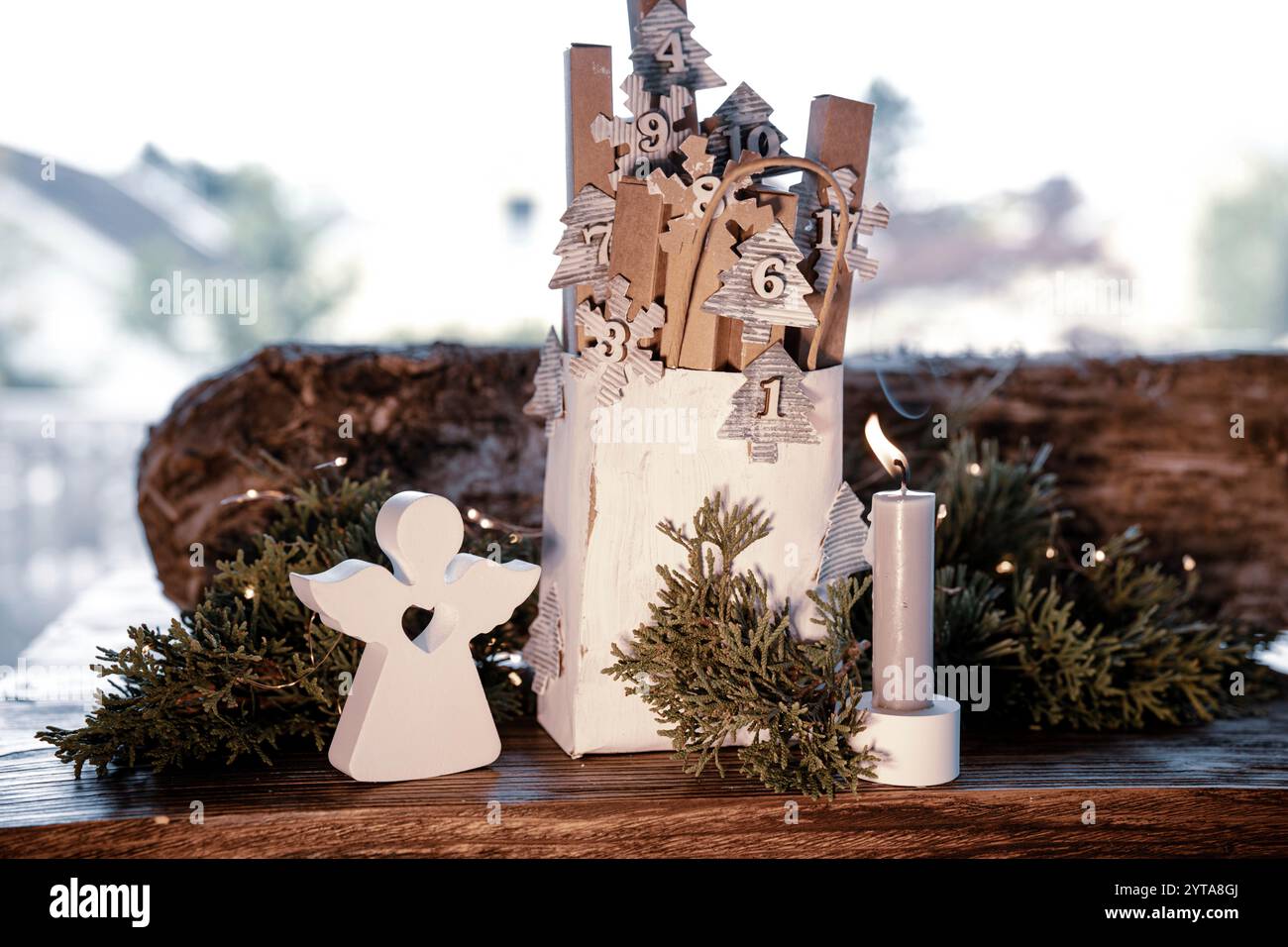 Homemade advent calendar made of cardboard. Small cardboard boxes in a ...