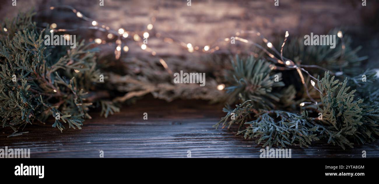Homemade christmas decoration with branches and magical lights on ...