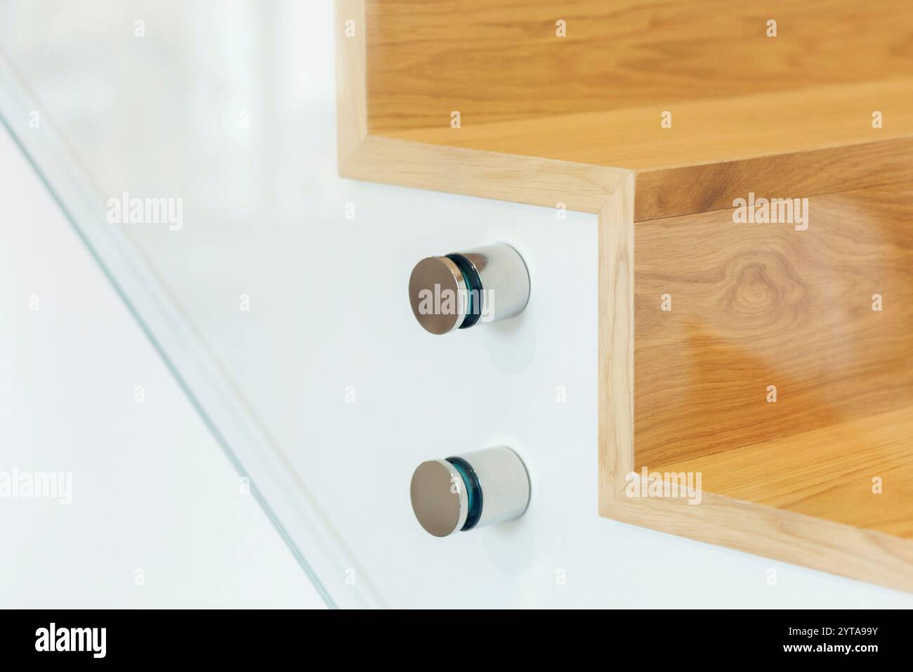 Glass balustrade mounting support pins for staircase Stock Photo - Alamy