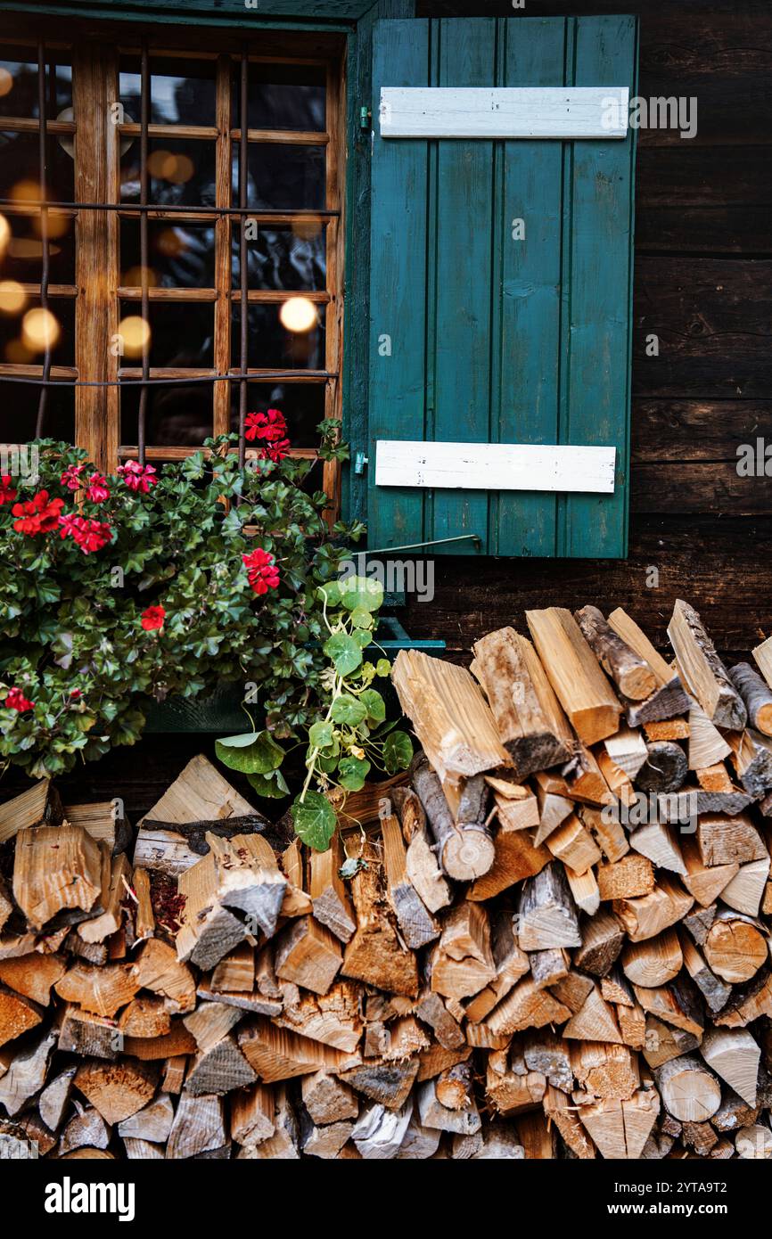 Stack of firewood along an outside wall of a hause with green shutters ...
