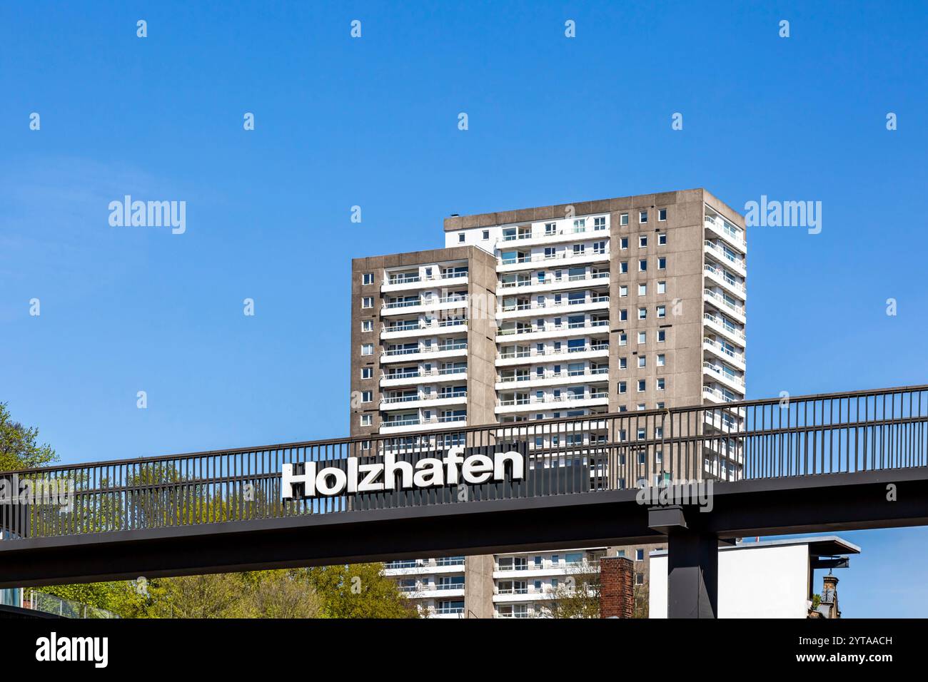 Bridge with high-rise building at Holzhafen Hamburg Stock Photo - Alamy