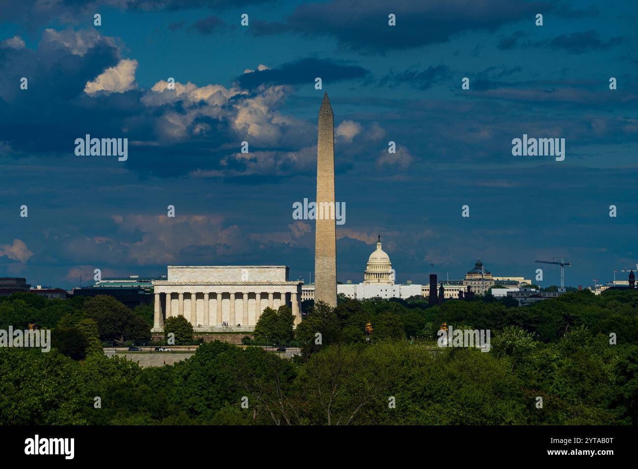 MAY 5, 2023, WASHINGTON DC, USA - three monuments seen at sunset dusk ...