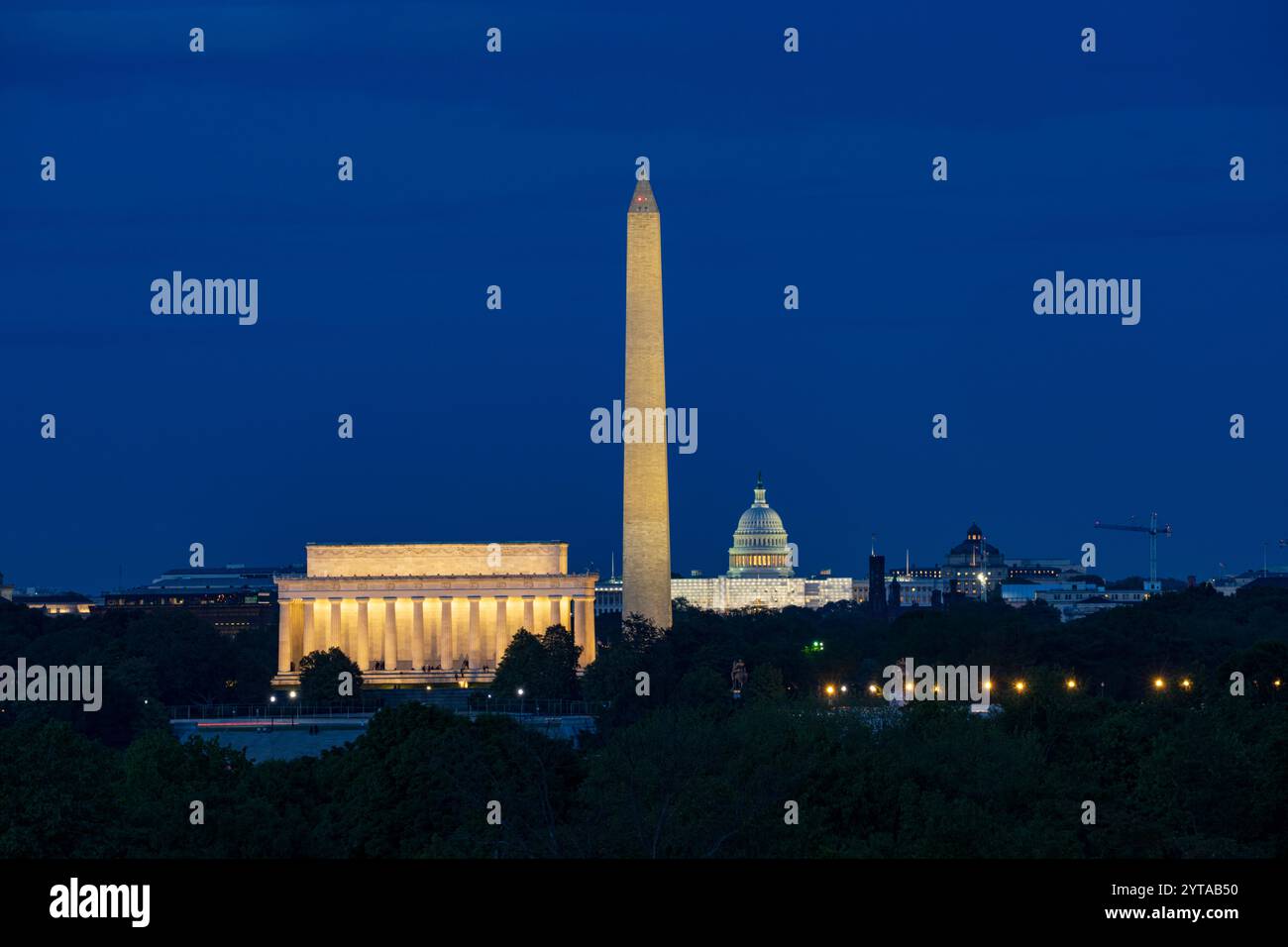 MAY 5, 2023, WASHINGTON DC, USA - three monuments seen at sunset dusk ...
