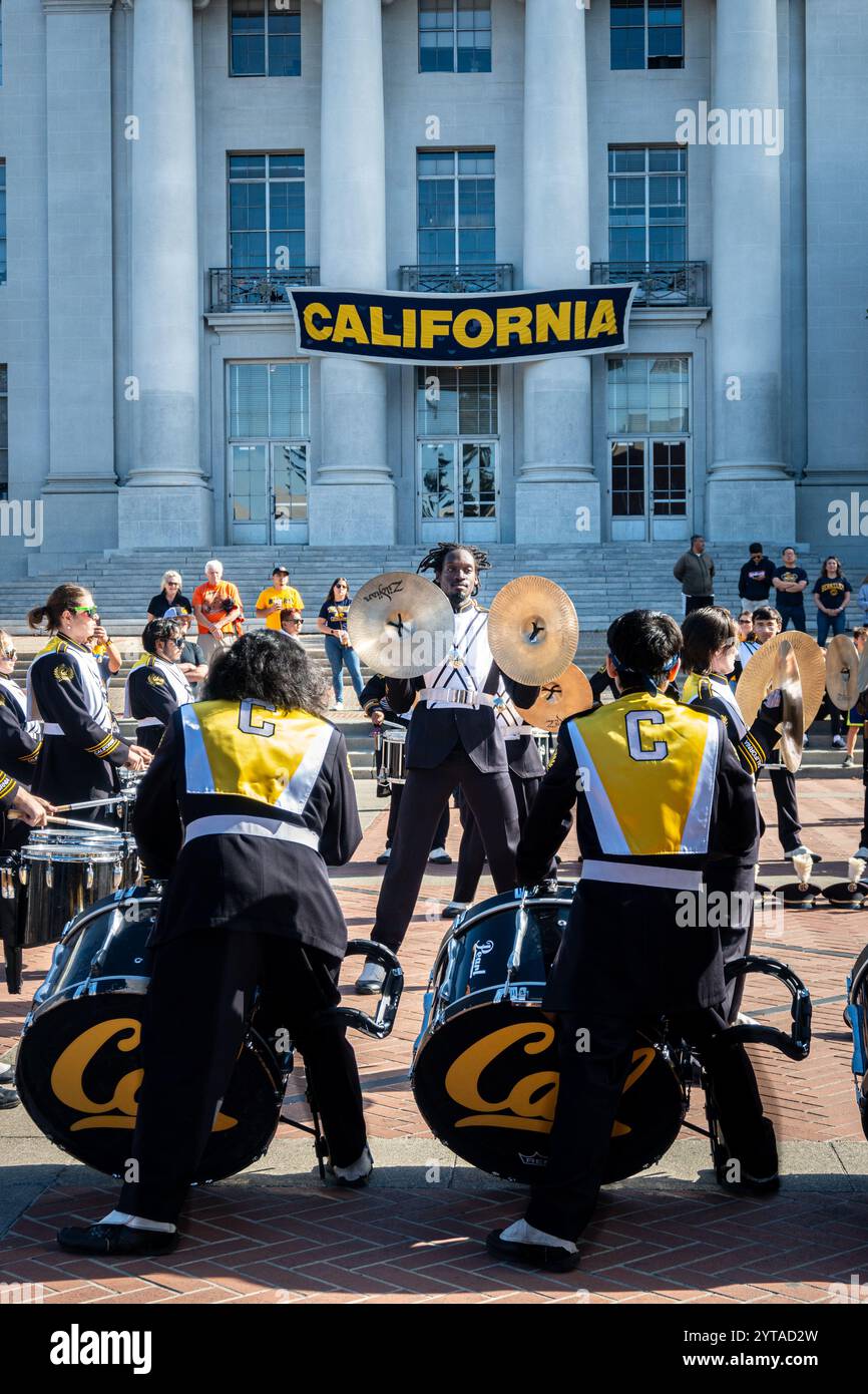 Cymbal and bass drum players with the U.C. Berkeley Marching Band ...