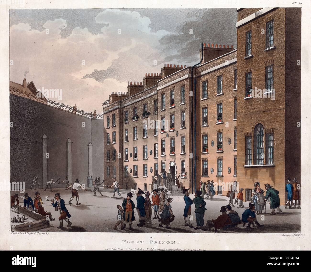 A print coloured engraving of Fleet prison London. Watercolour etching ...