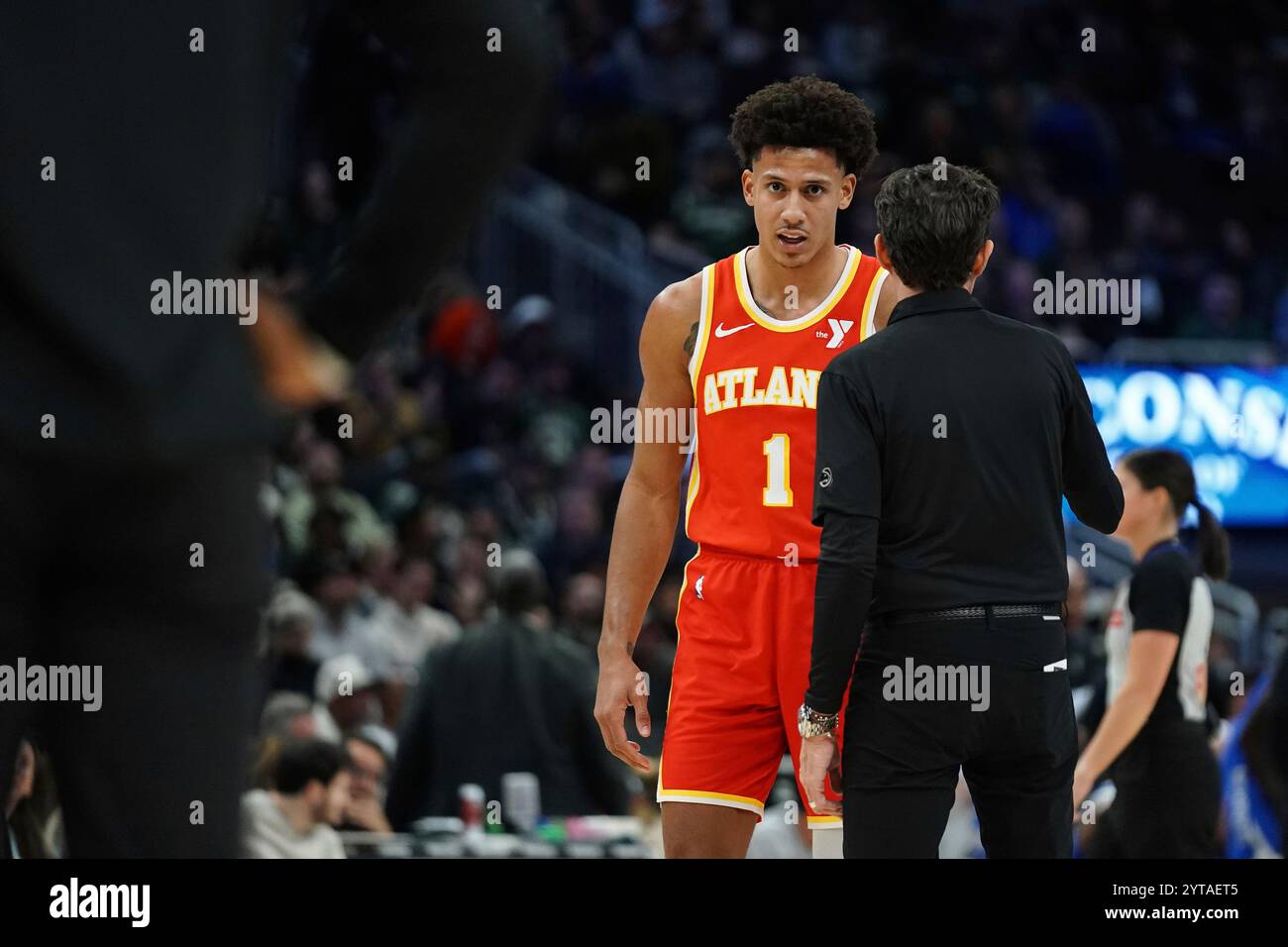 Atlanta Hawks' Jalen Johnson talks with Atlanta Hawks head coach Quin ...