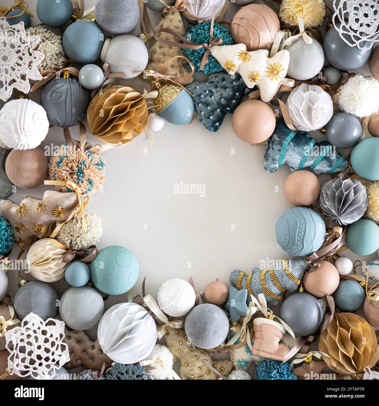 Christmas decorations, top view of pile of glass and paper balls ...