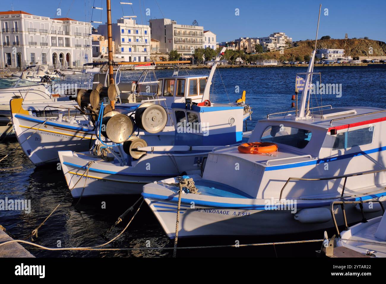 Tinos: Colourful fishing boats soon before sunset in Tinos port, Tinos ...