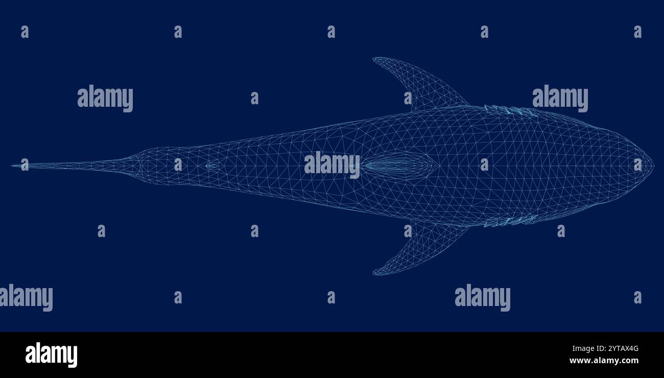 Wireframe Abstract Shark Form Lines And Triangles Point Connecting Network On Blue Background