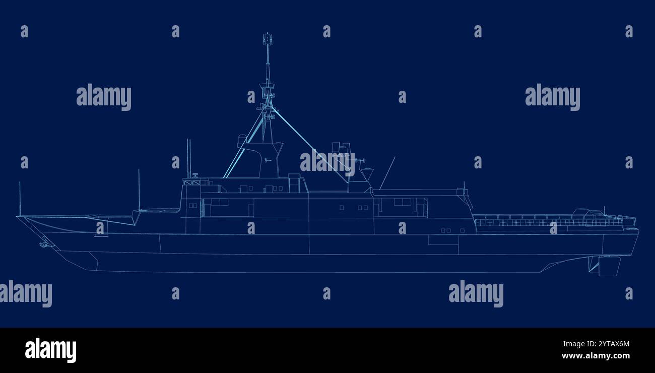 Outline of a small ship made of blue lines isolated on a dark ...