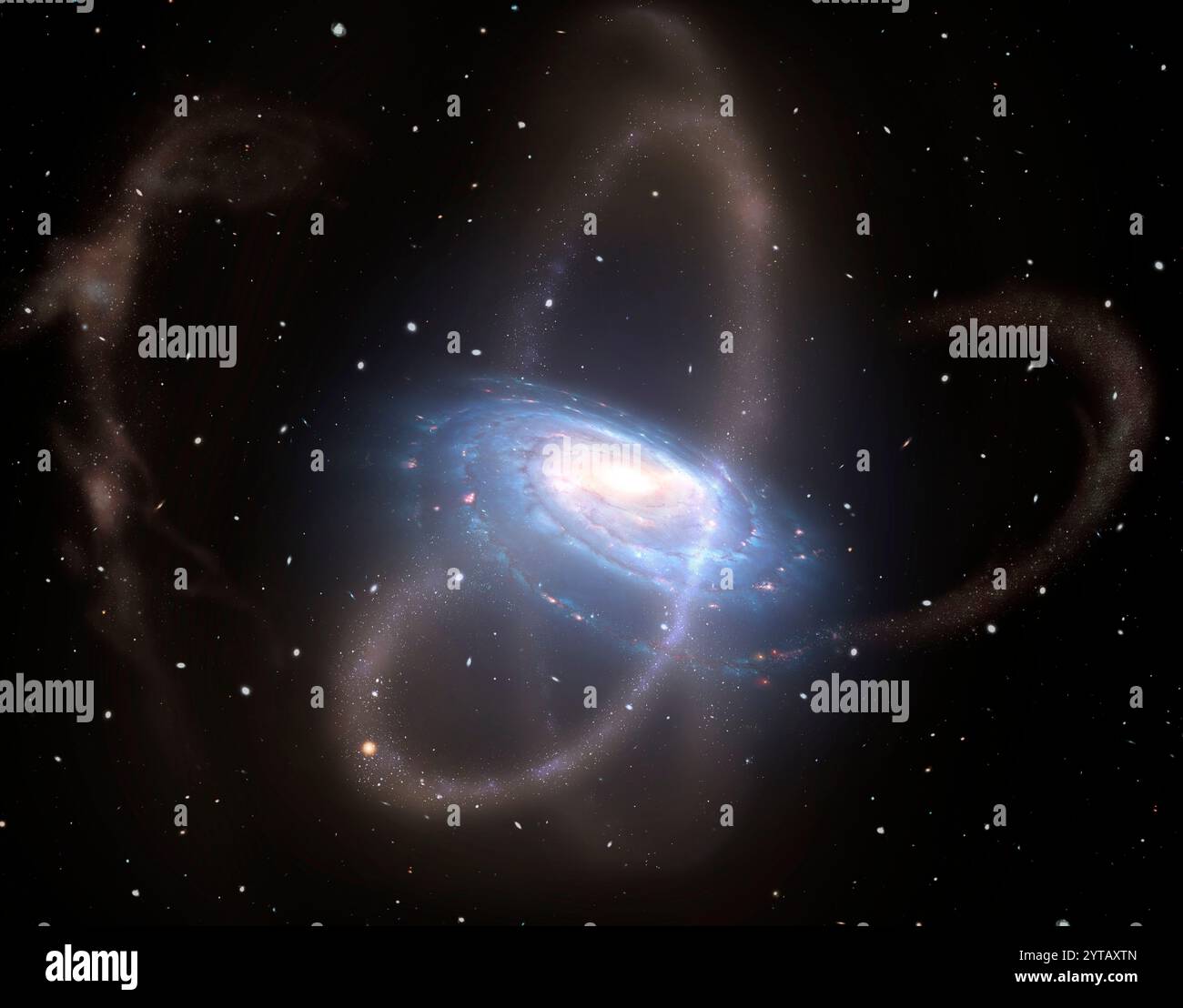 Artwork of a galaxy surrounded by stellar streams. Streams are ...