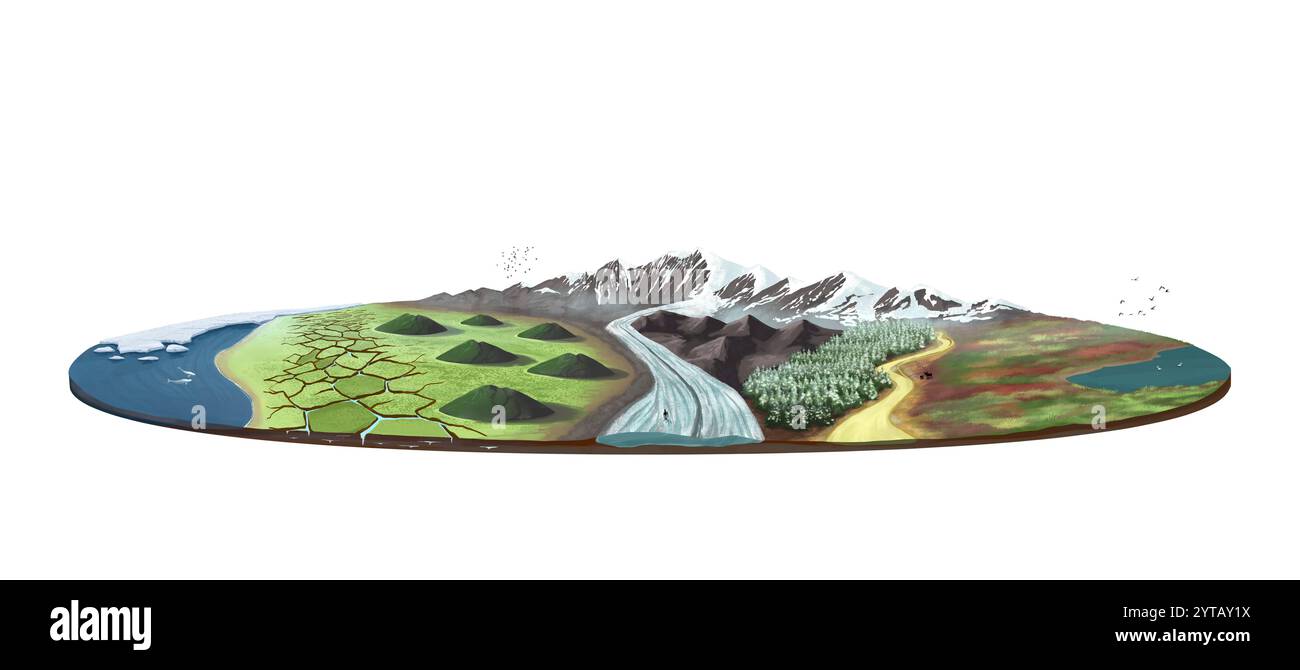 Illustration of permafrost environments. The landscape shows seven ...