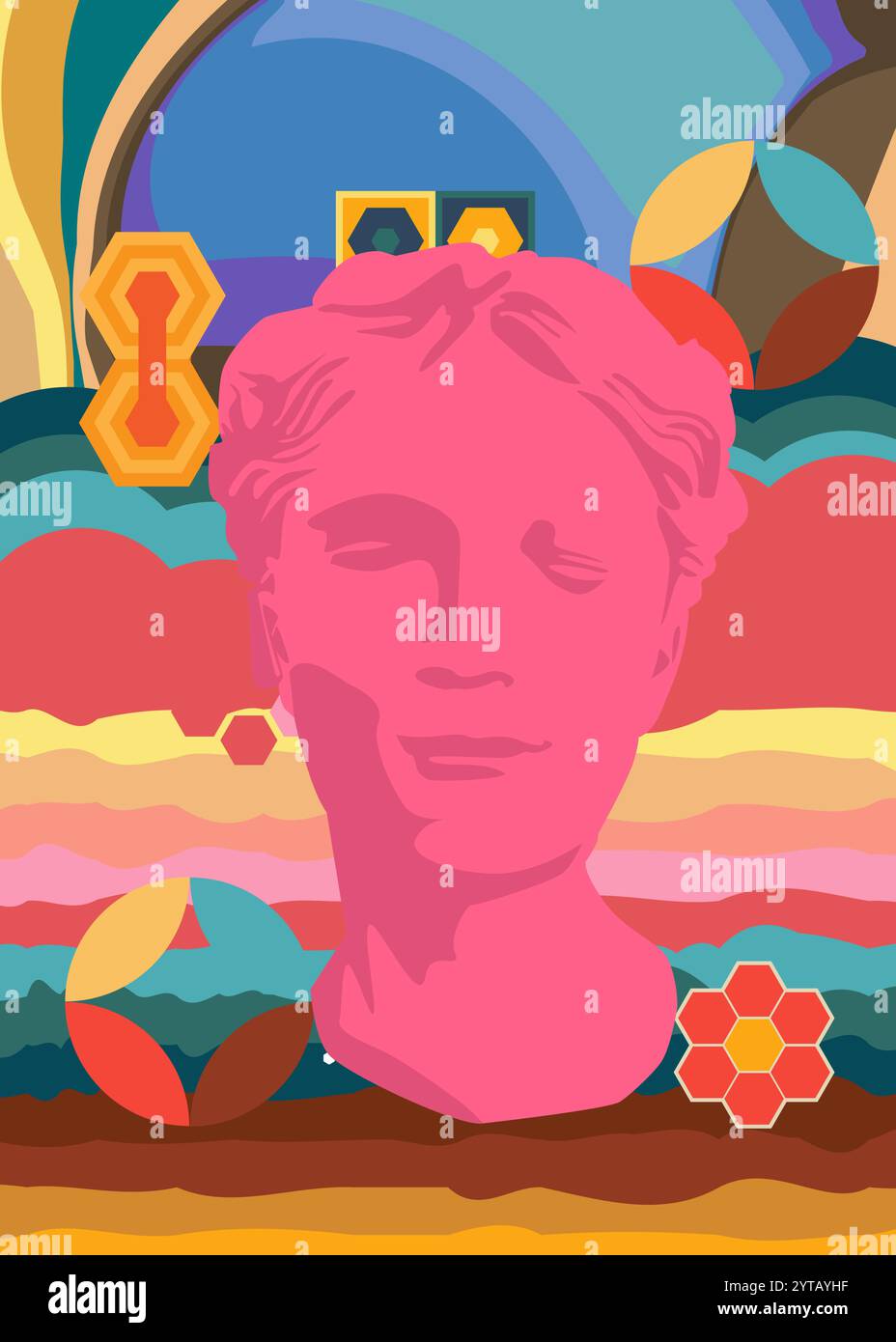Retro 70s Background with Head Sculpture. Groovy Greek style statue ...