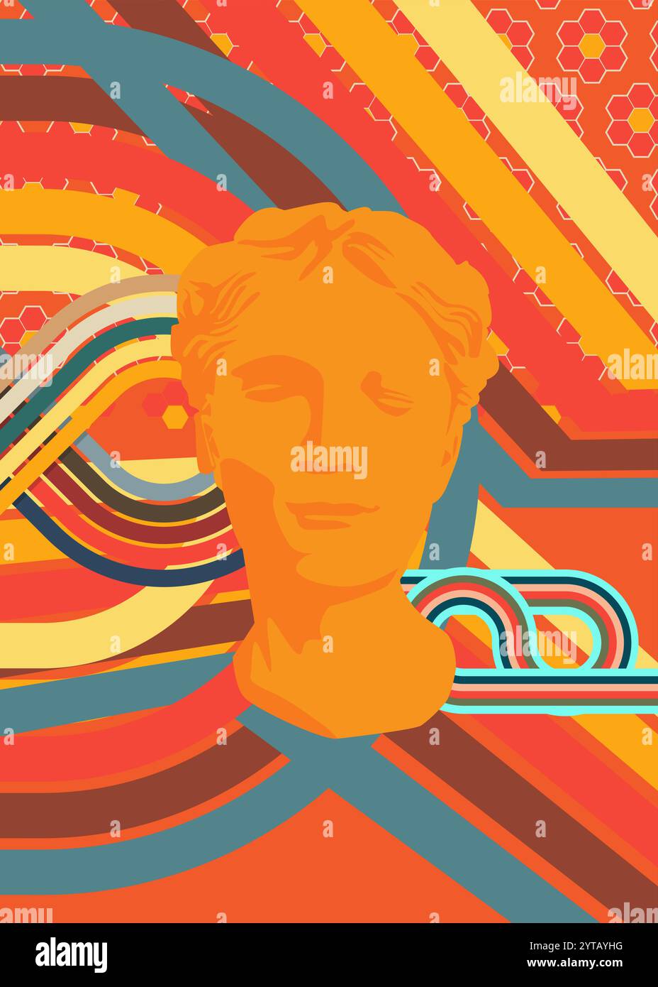 Retro 70s Background with Head Sculpture. Groovy Greek style statue ...