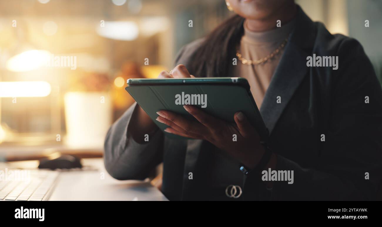 Research, tablet and hands of business woman in office for website ...