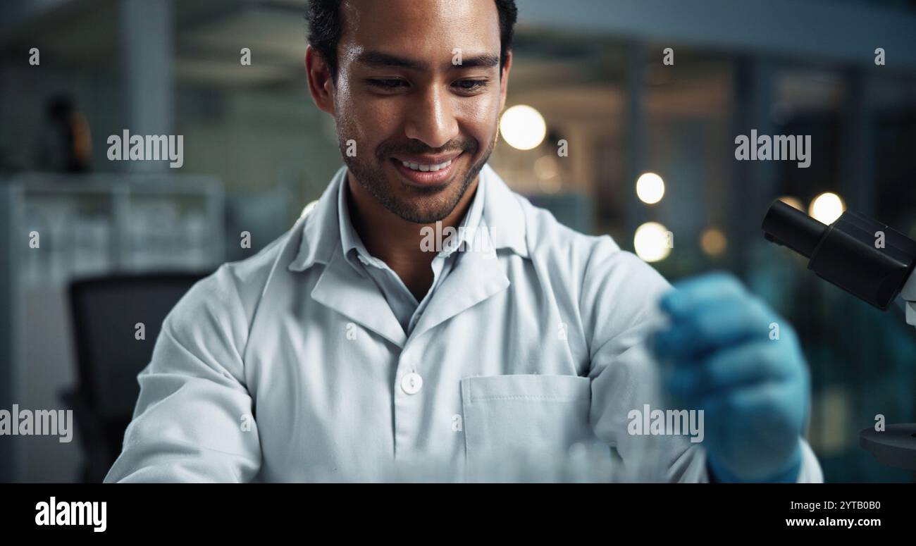 Science, man or smile in lab for research, experiment process or ...