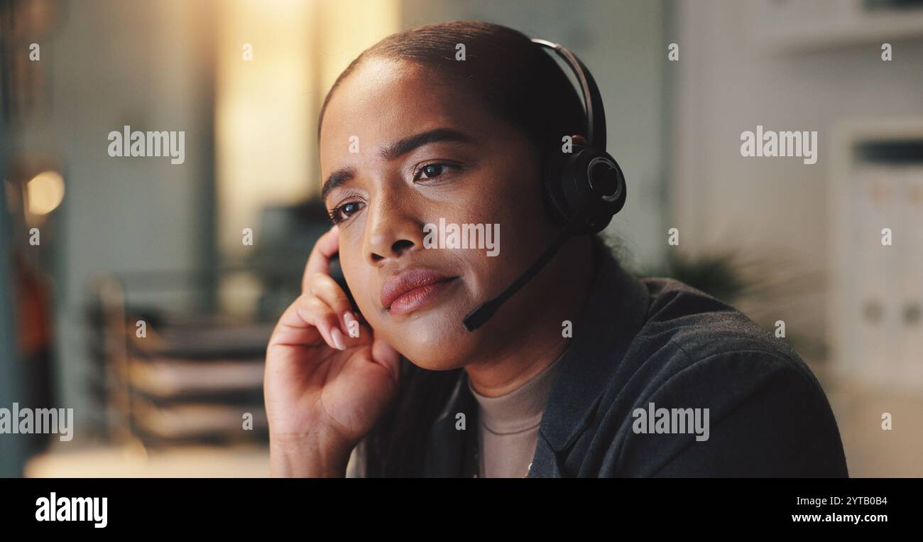 Tired, night and call center with business woman in office for customer ...