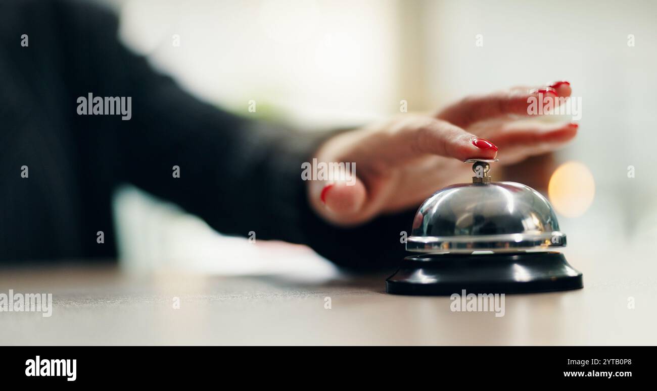 Hotel, bell and woman hands at reception with attention for customer ...