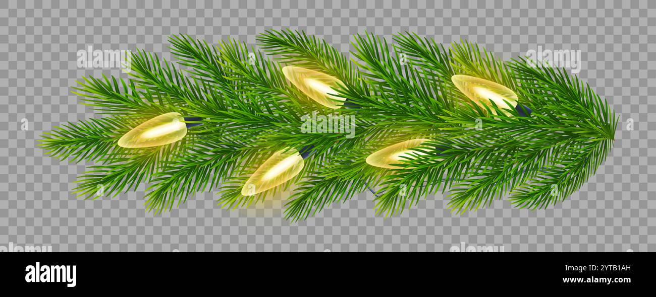 Realistic Christmas fir branch with string of warm yellow toned lights ...