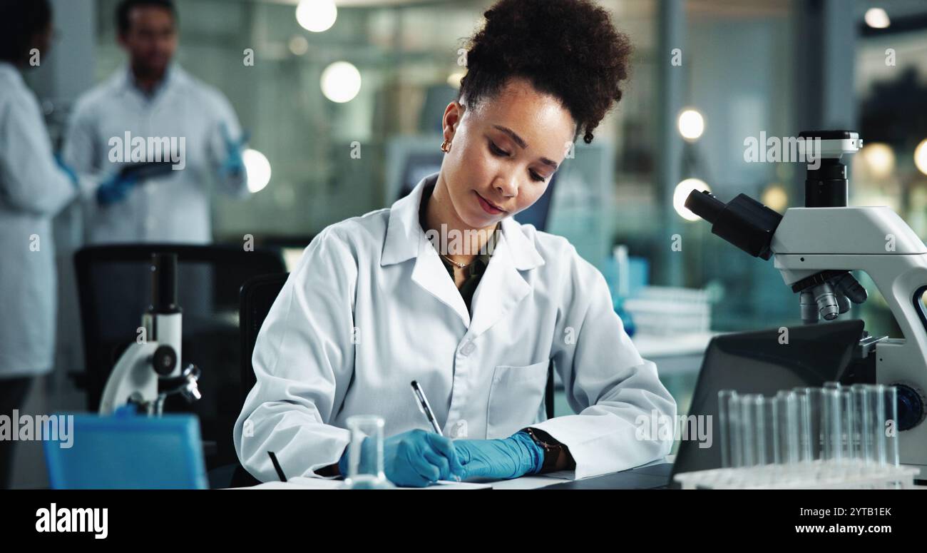 Scientist, woman and writing chemical report for biochemistry ...