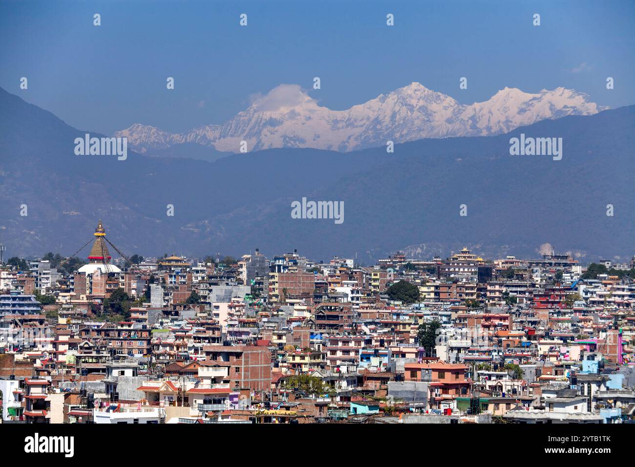 Cityscape skyline of Kathmandu with the Himalaya snow capped mountains ...