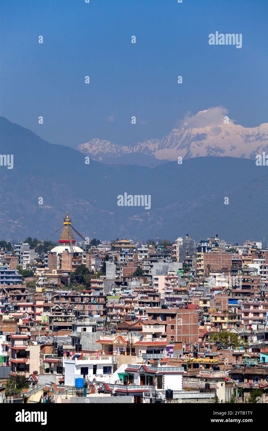 Cityscape skyline of Kathmandu with the Himalaya snow capped mountains ...