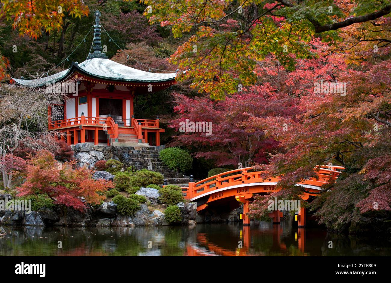 Famous site of vermilion arched bridge crossing pond to Bentendo Hall ...