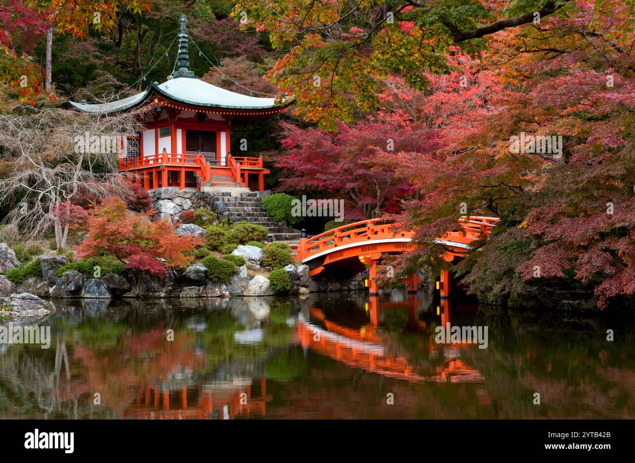 Famous site of vermilion arched bridge crossing pond to Bentendo Hall ...