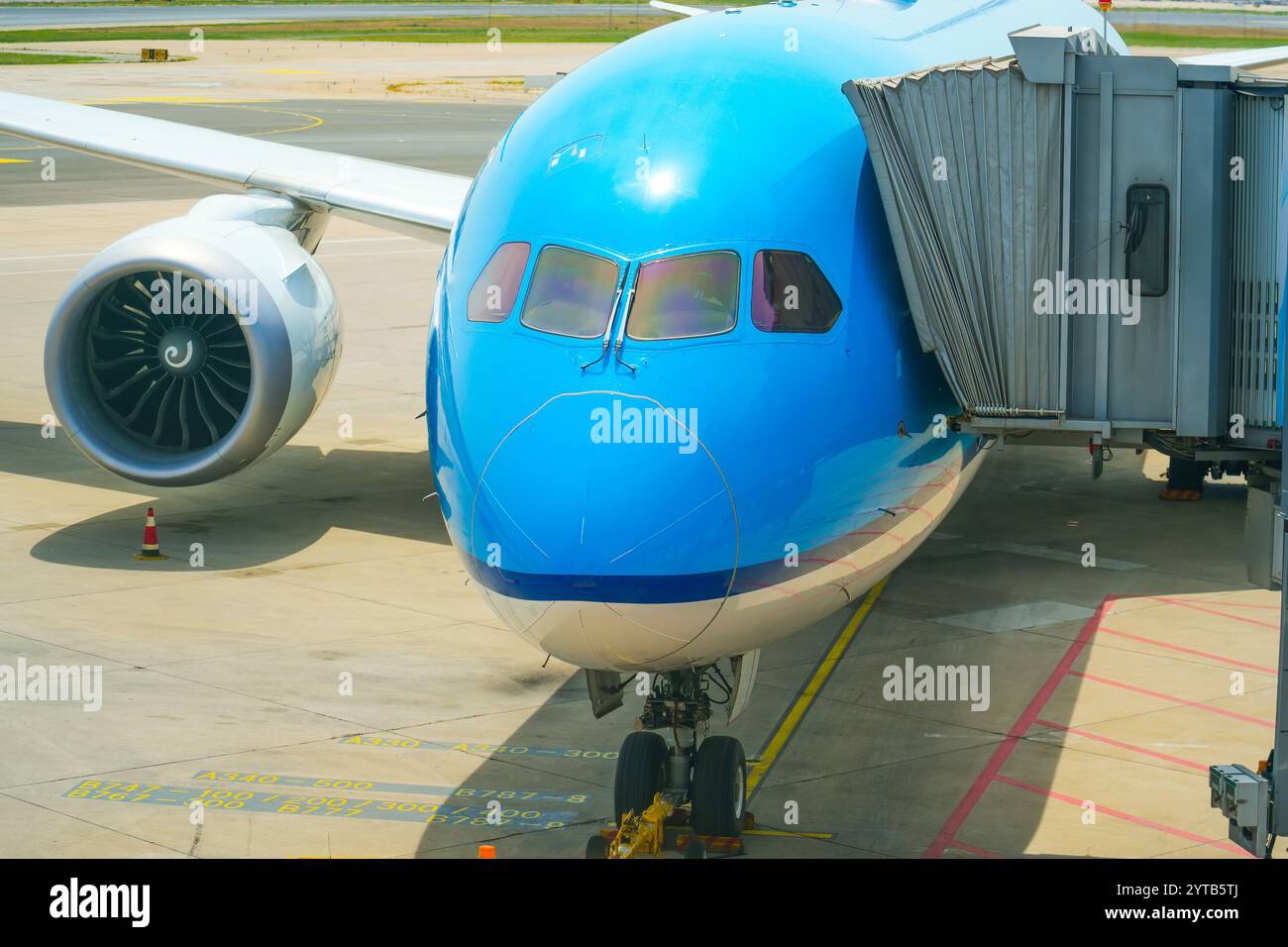 View of the nose and cockpit black windshield of the aircraft and the ...