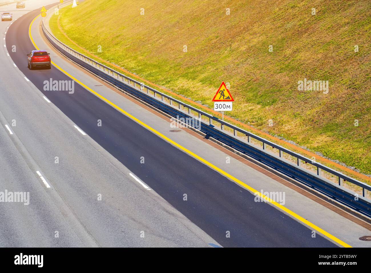 Road asphalt turn highway high speed. Section of the line is repaired ...