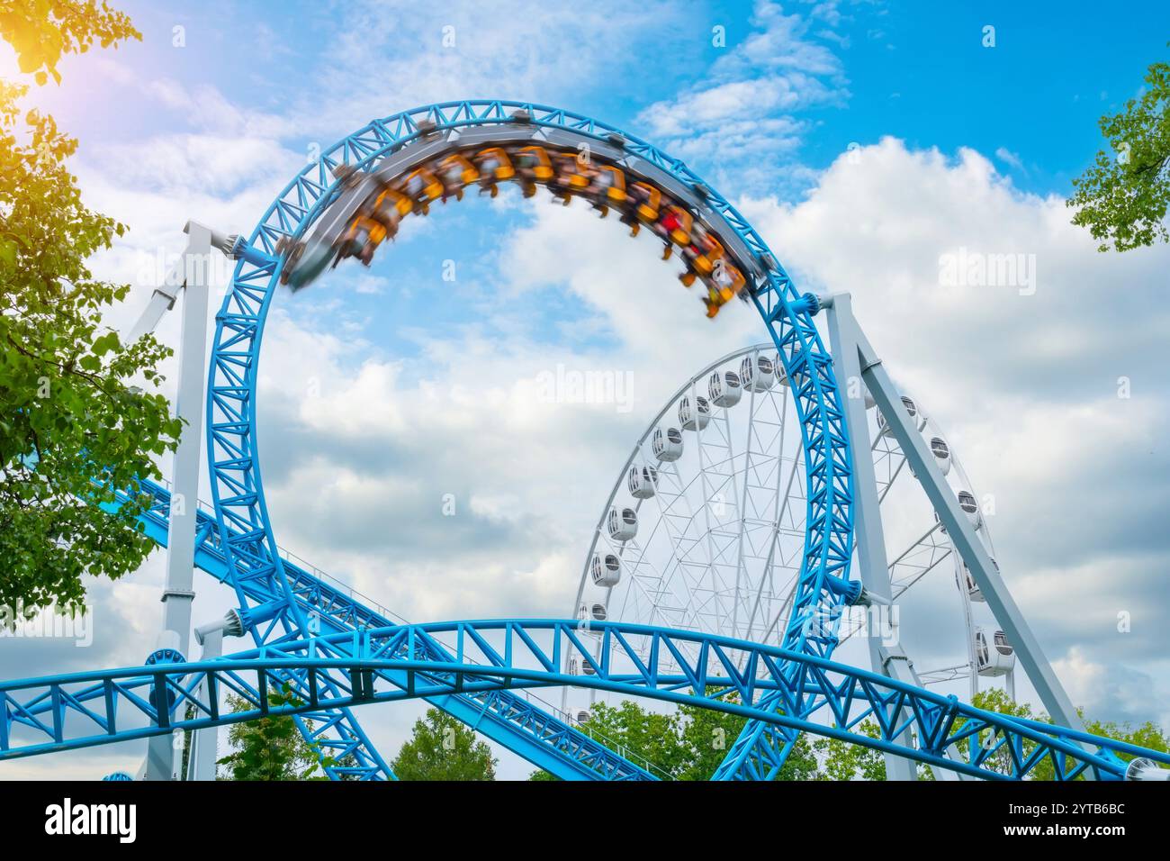 Amusement trolley motion blur speed effect makes circle loop turns ...
