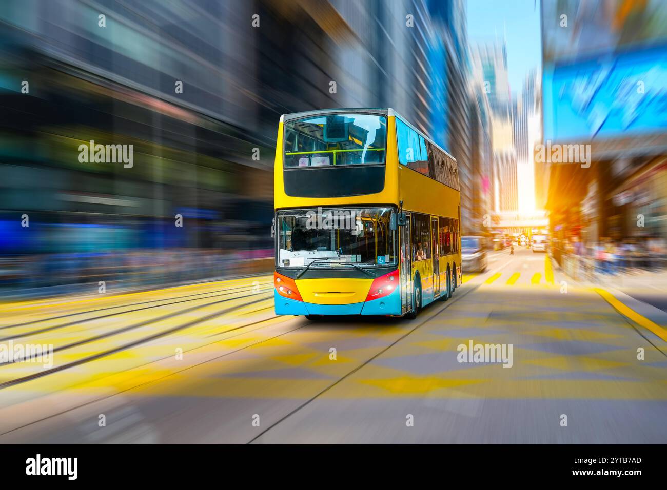 Double decker city shuttle bus drives motion blur rapid speed effect ...