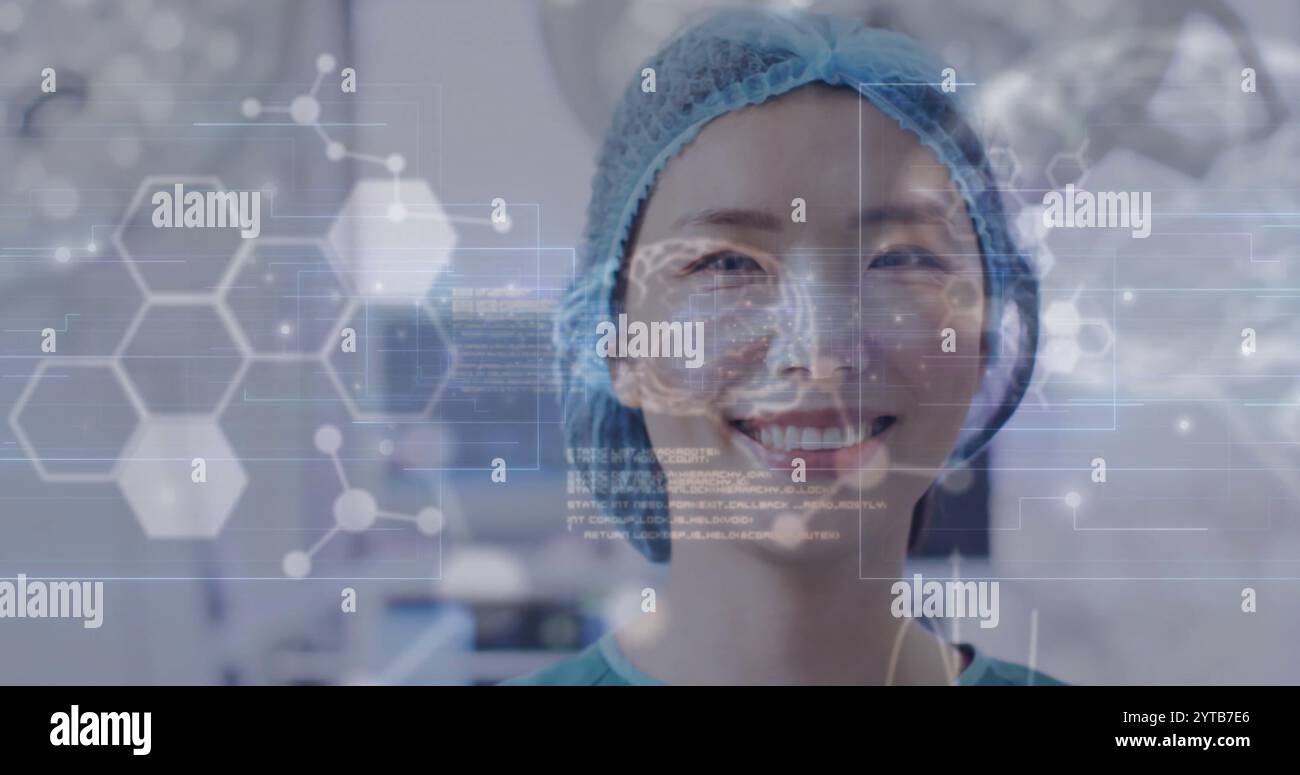 Image of data processing with molecules and brains over asian female ...