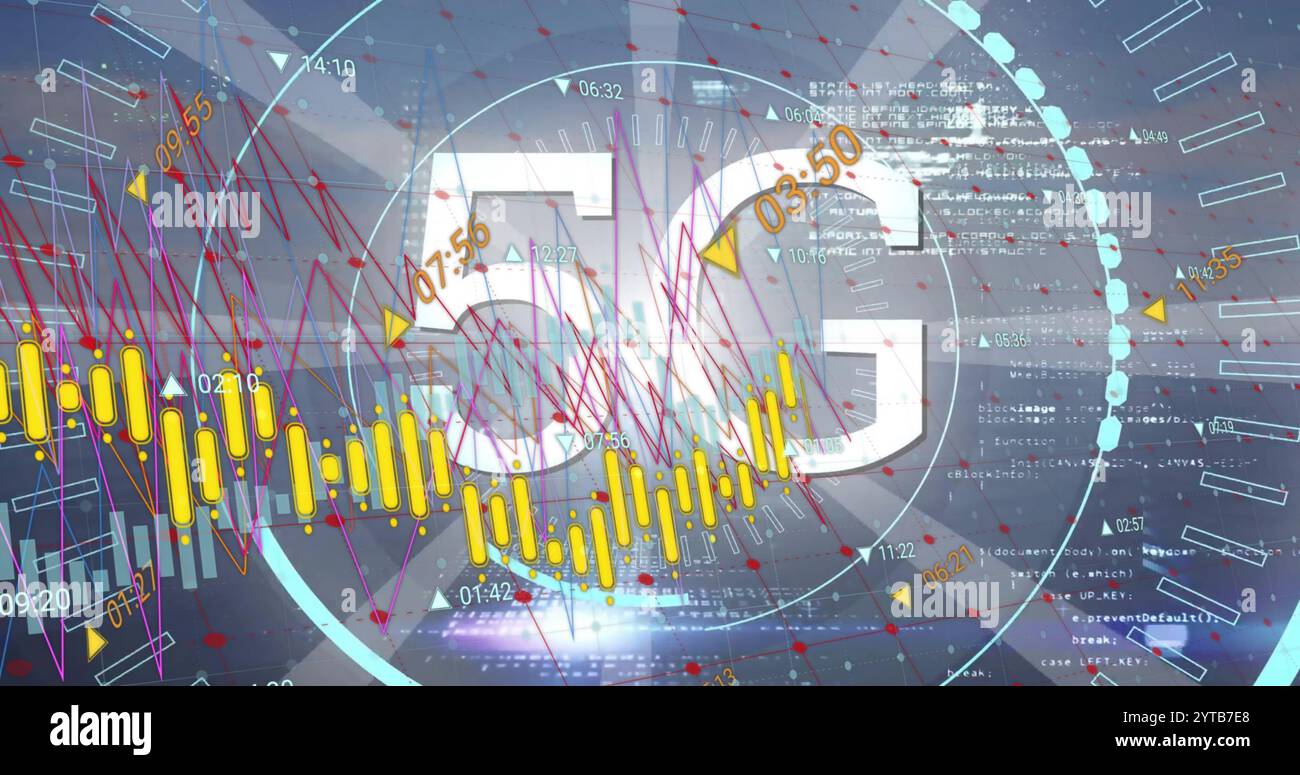 Image of 5g text, financial data processing over grid and dark background Stock Photo - Alamy