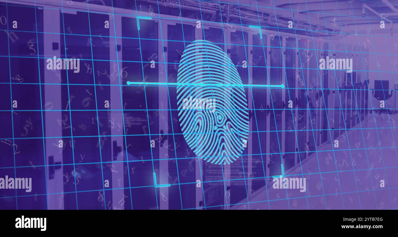 Fingerprint scanning image over data servers in server room Stock Photo ...