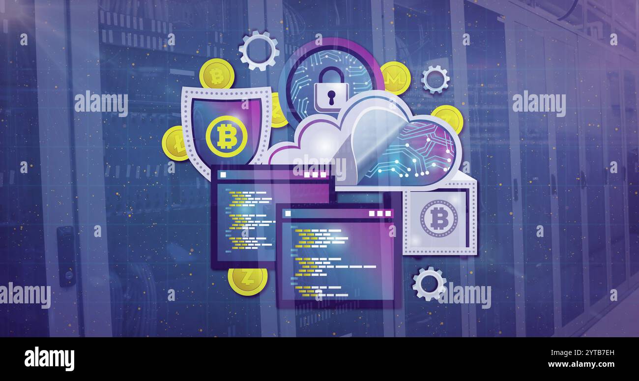 Cryptocurrency and blockchain technology image over digital code and ...