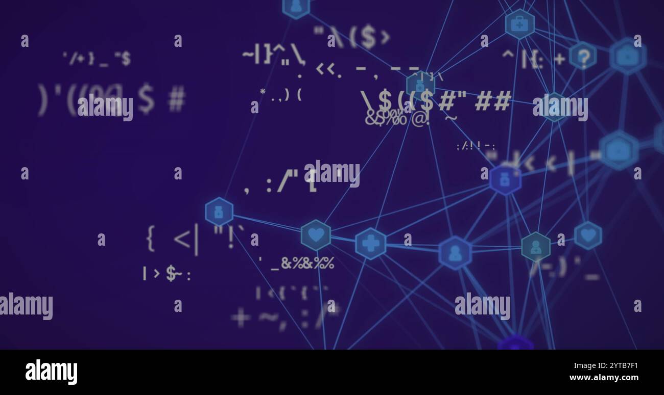 Network of connections and coding symbols image over blue background ...