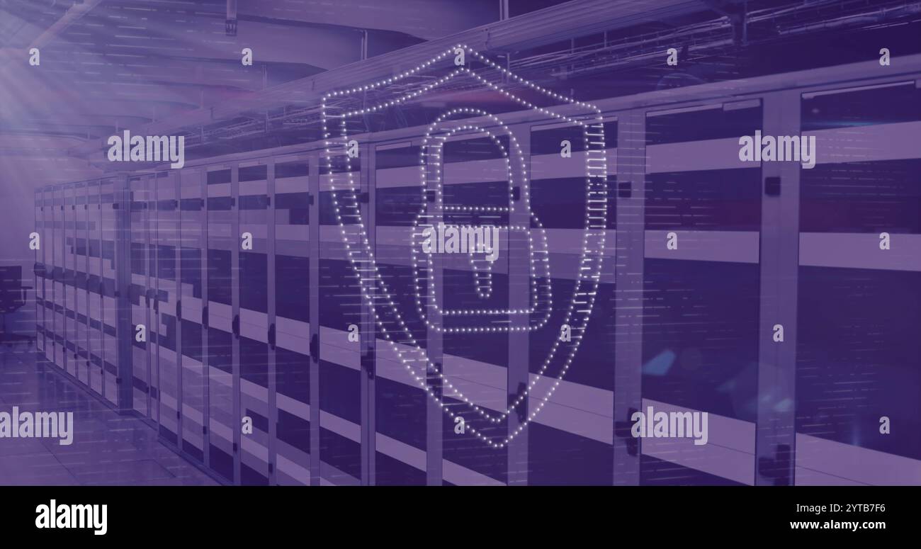 Digital lock and shield image over server racks in data center Stock ...