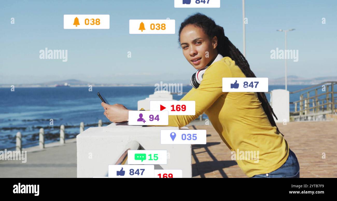 Social media notifications image over person using smartphone by ...